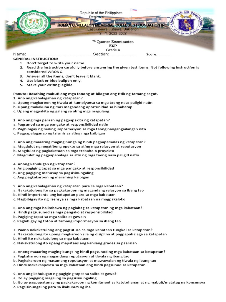 Esp 4TH Quarter Exam | PDF