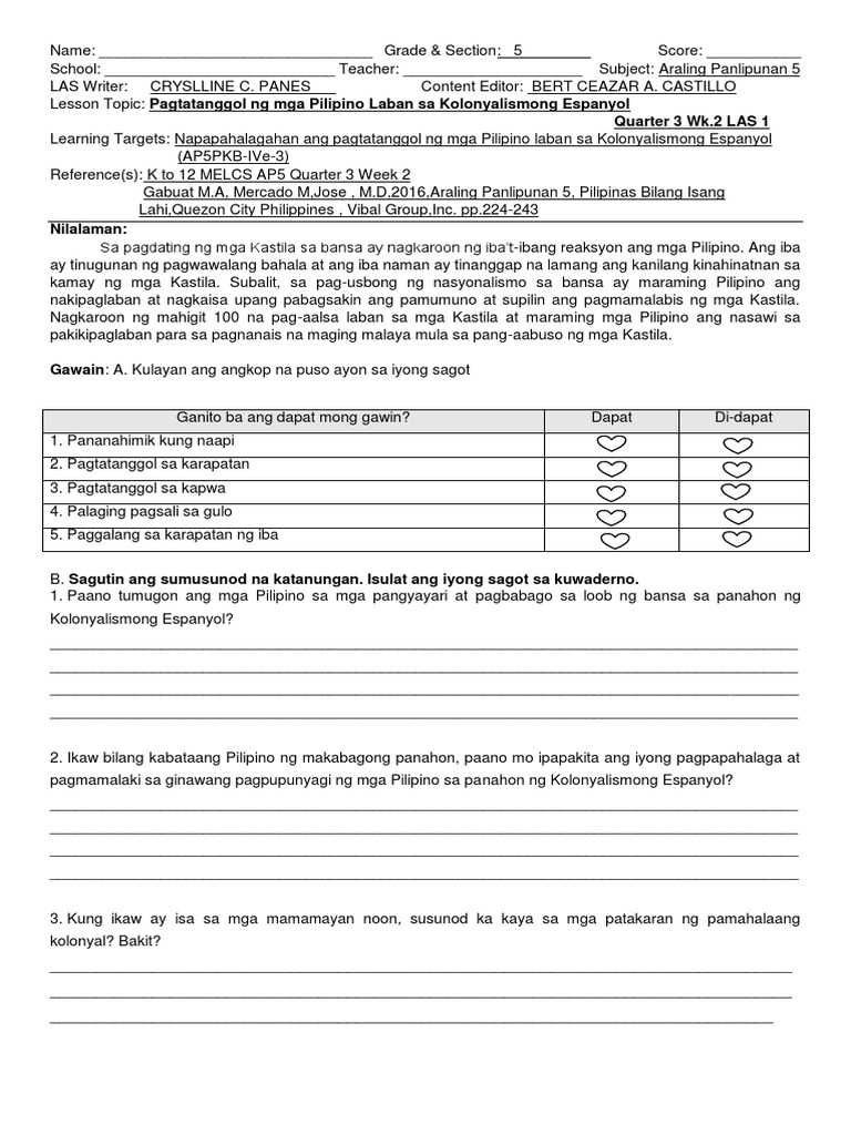 Ap 5 Quarter 3 Week 2 Las 1 | PDF