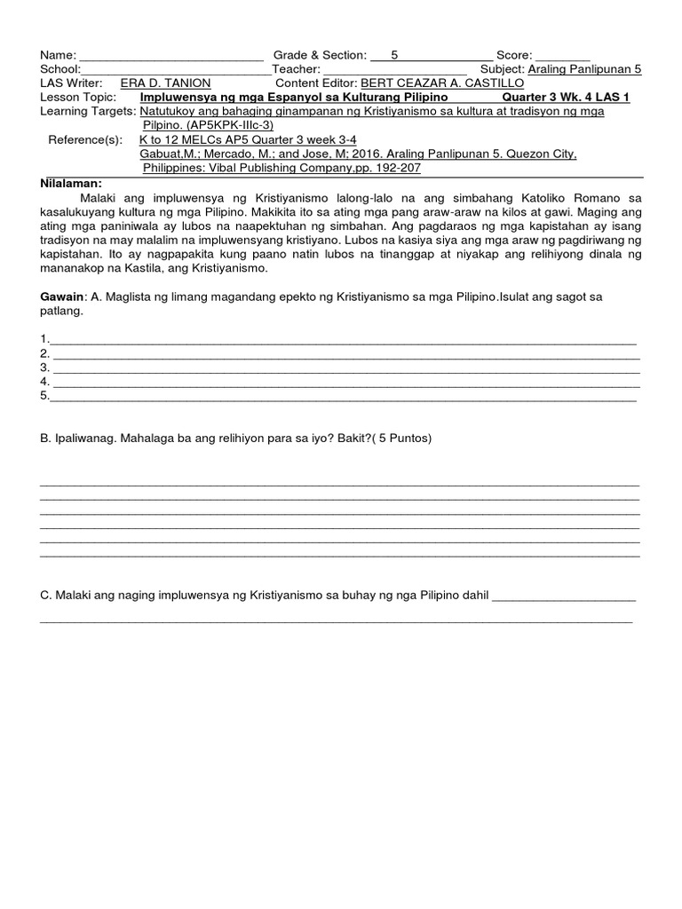 Ap 5 Quarter 3 Week 4 Las 1 | PDF