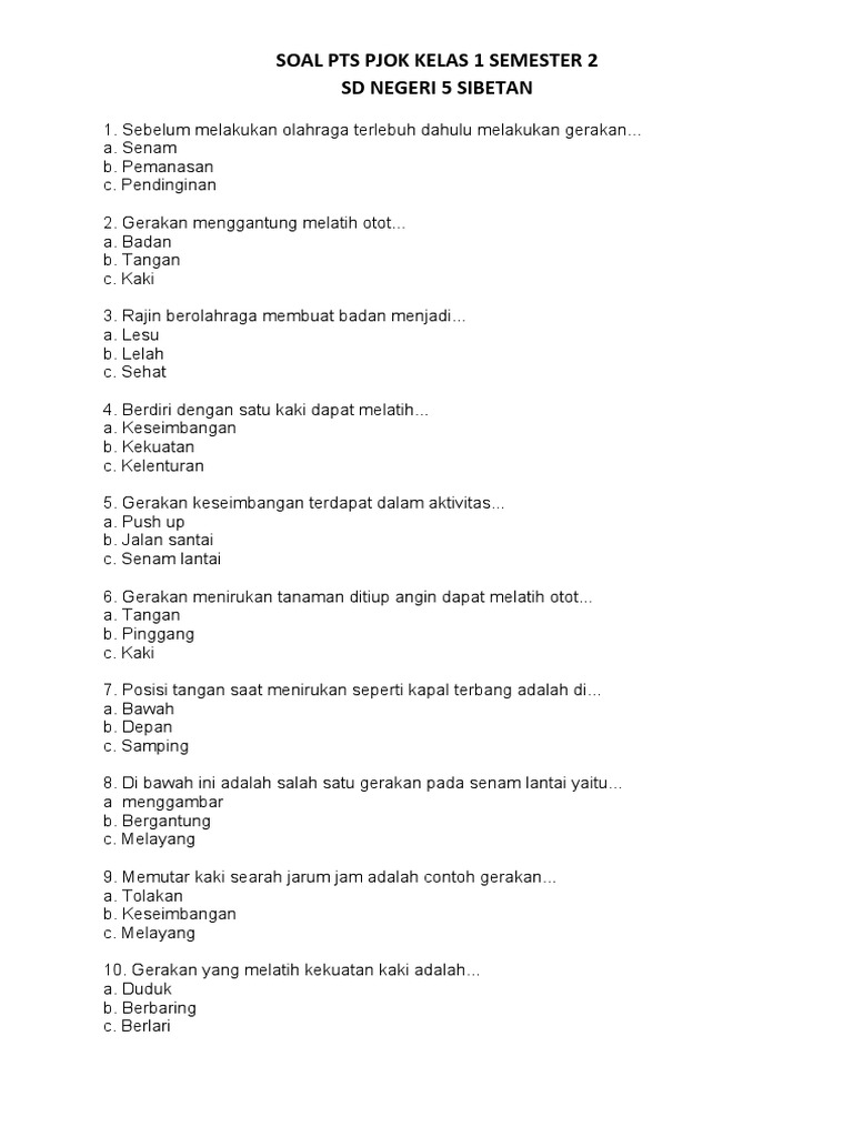 Soal PTS Pjok Kelas 1 Semester 2 | PDF