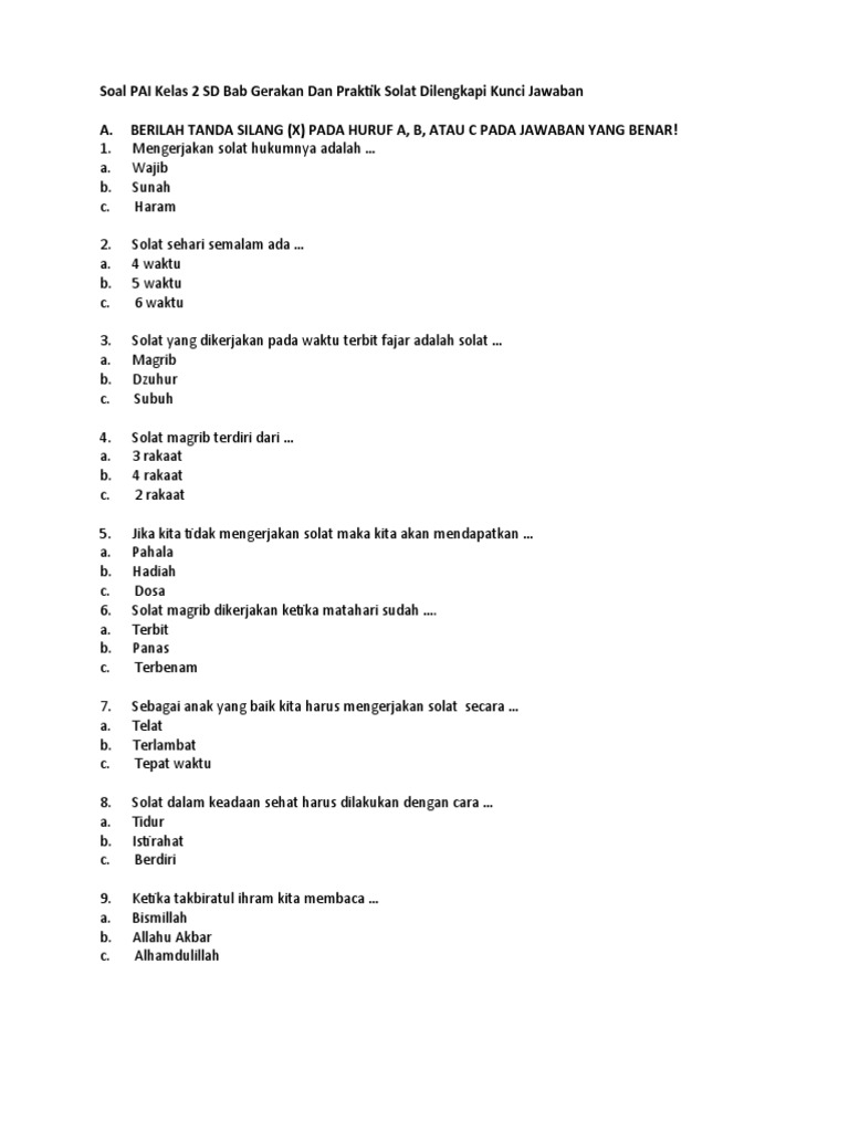 Soal PAI Kelas 2 SD Bab Gerakan Dan Praktik Solat Dilengkapi Kunci Jawaban | PDF