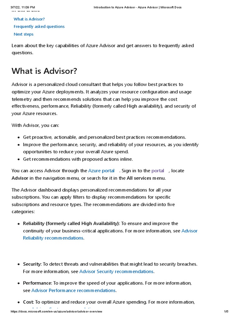 Introduction To Azure Advisor - Azure Advisor - Microsoft Docs | PDF