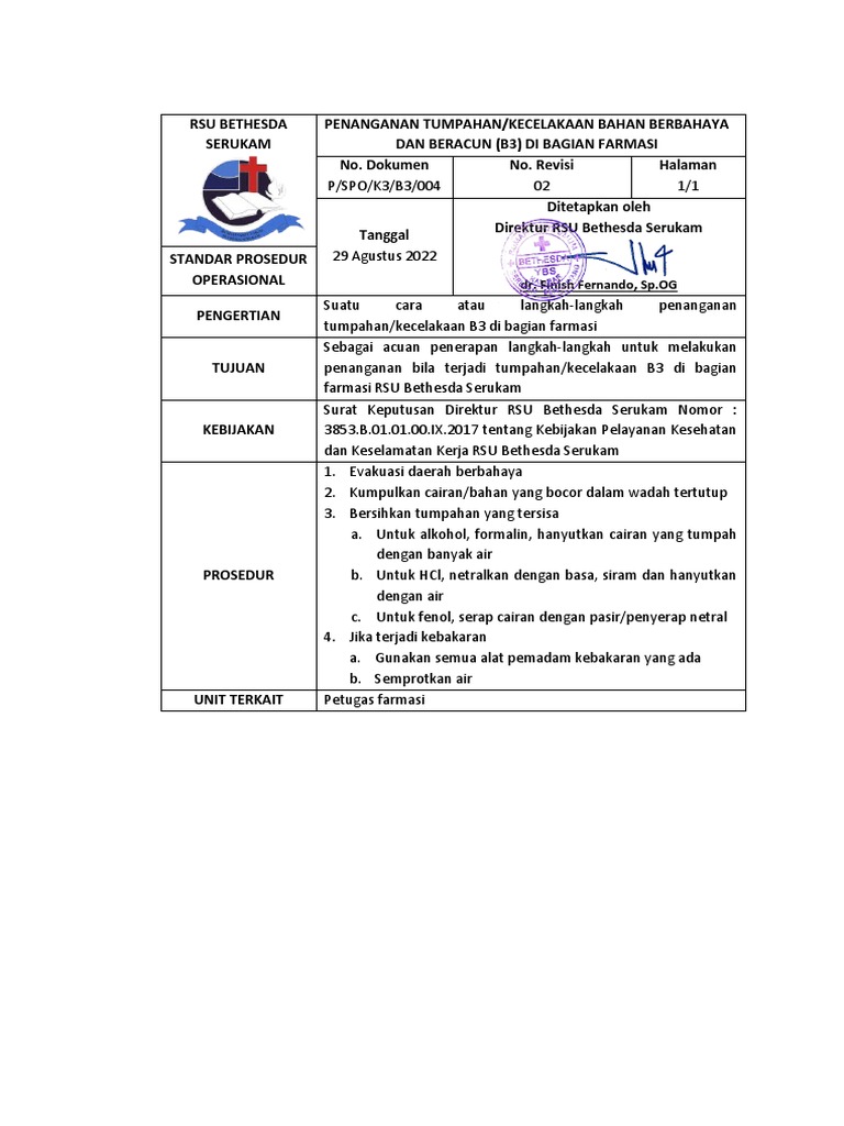 4.spo Penanganan Tumpahan B3 Di Bagian Farmasi | PDF