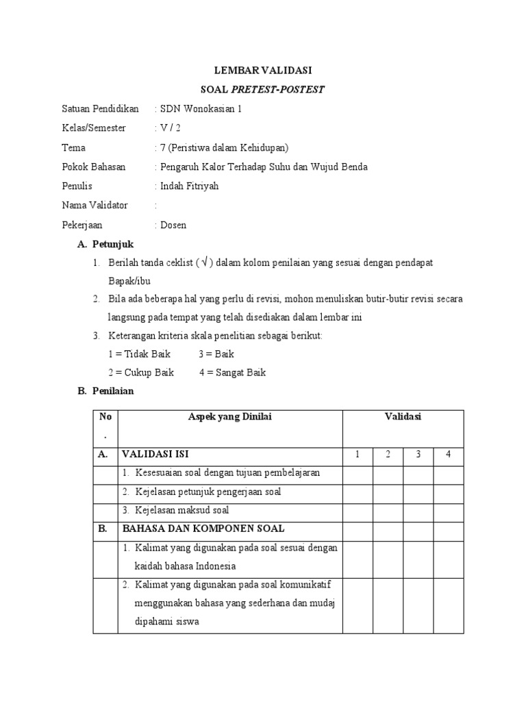 Lembar Validasi Soal Pretest | PDF