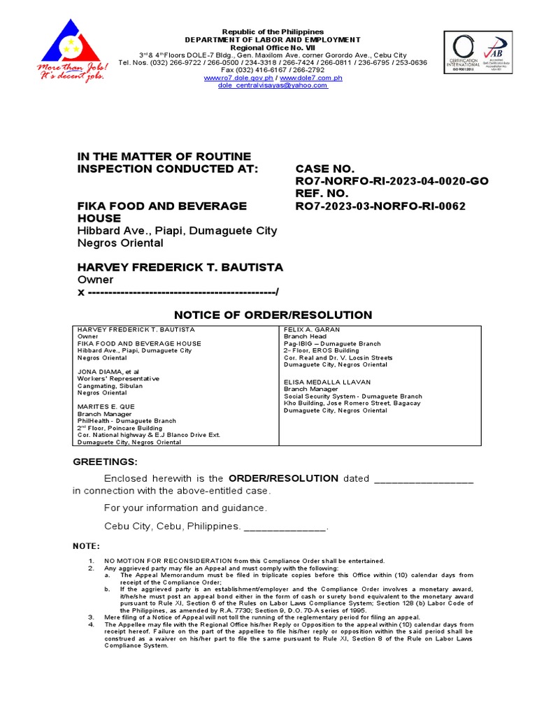 FIKA Food and Beverage House Notice of Order | PDF | Justice | Crime ...