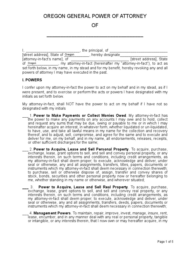 Oregon General Power of Attorney Form | PDF | Power Of Attorney | Loans