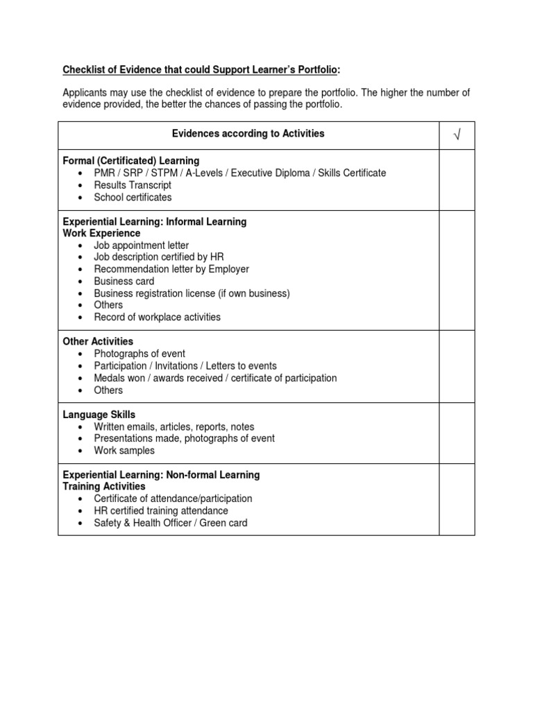 Checklist of Evidence | PDF