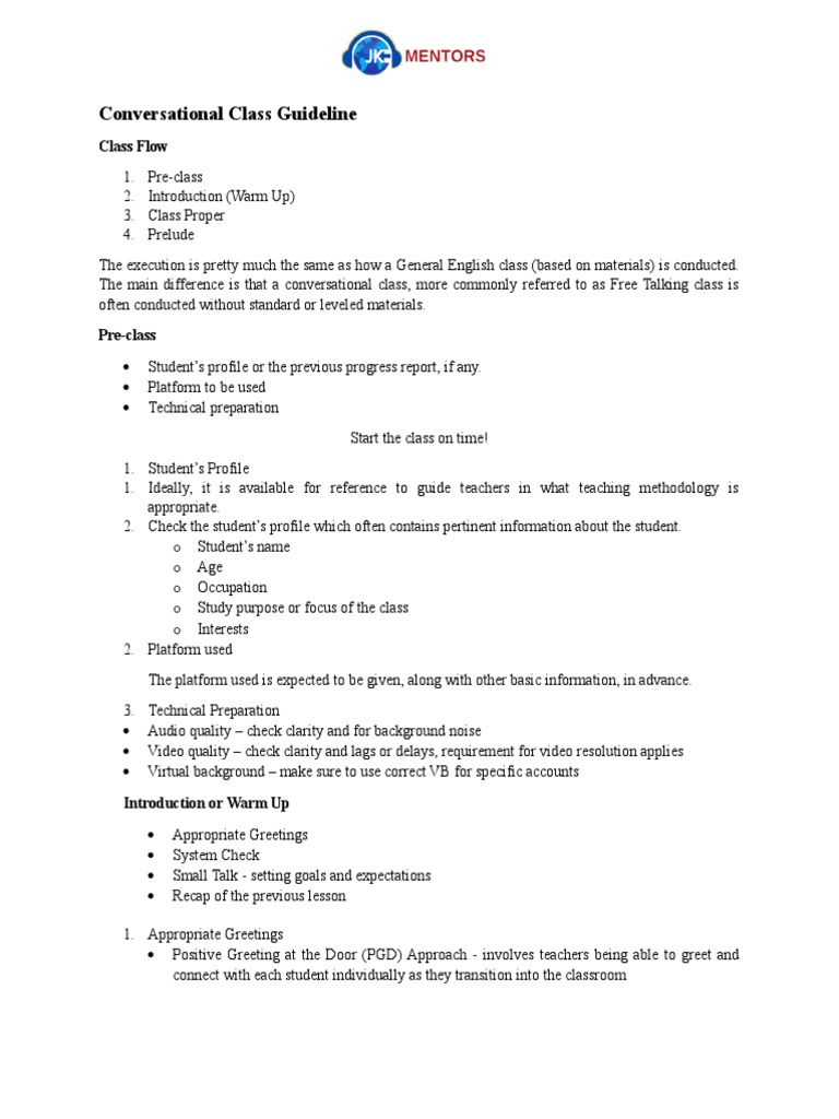Conversational Class Guideline | PDF | Teachers | Vocabulary