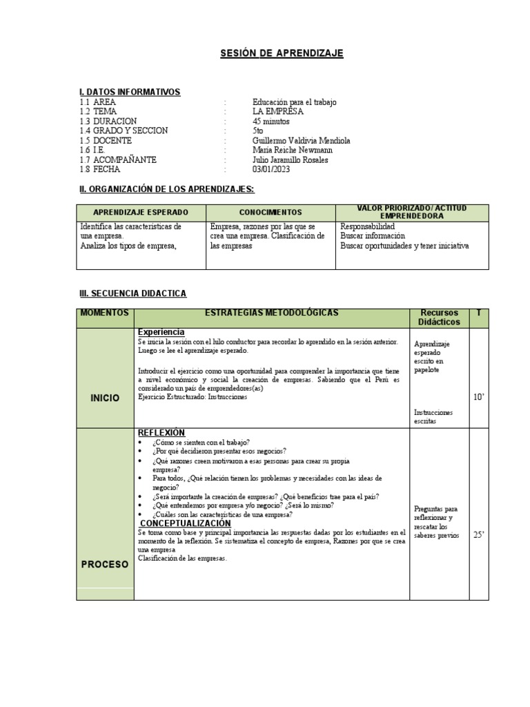 EPT-5 Grado .Sesiòn - La Empresa | PDF | Aprendizaje | Evaluación
