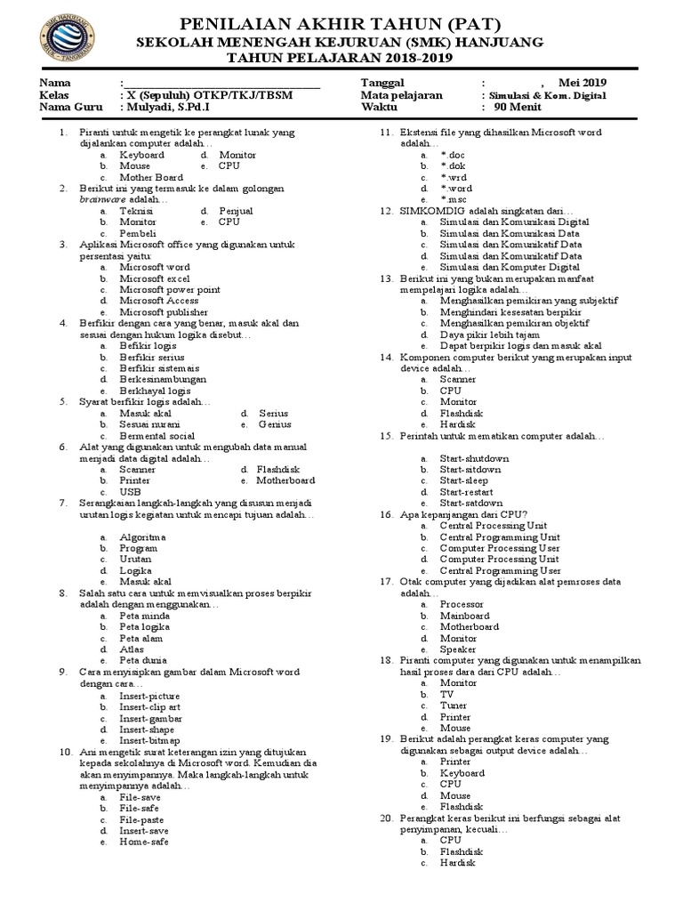 Soal PAT SISKOMDIG Kelas 10 SMK | PDF
