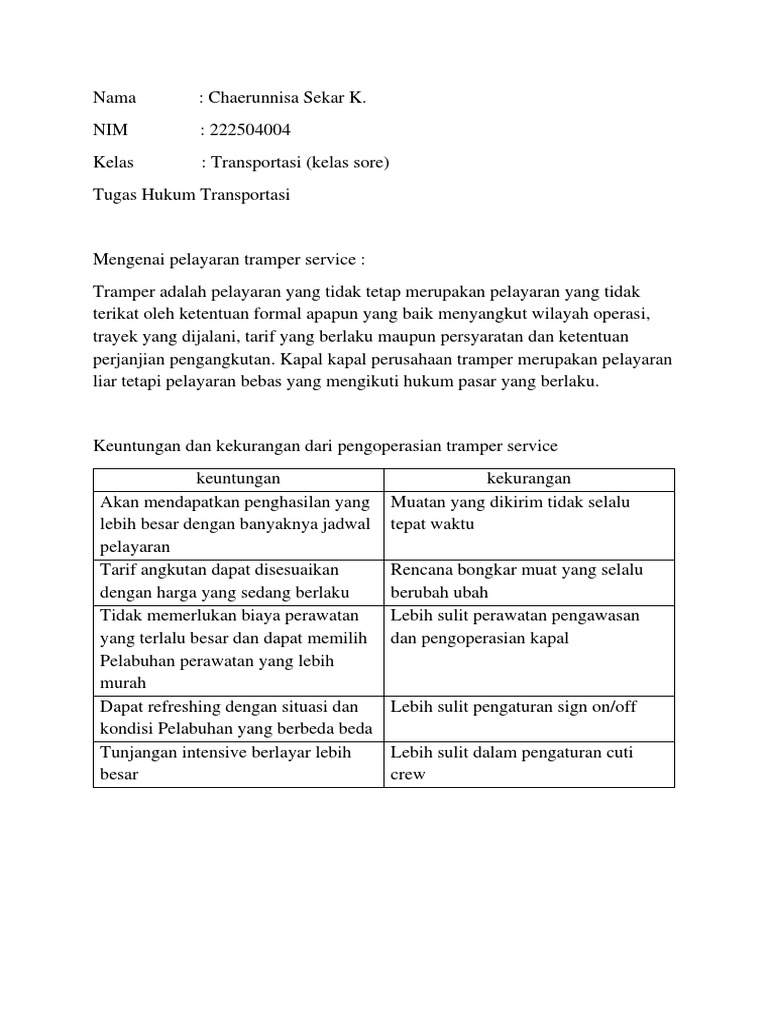 Keuntungan dan Kekurangan Tramper Service | PDF