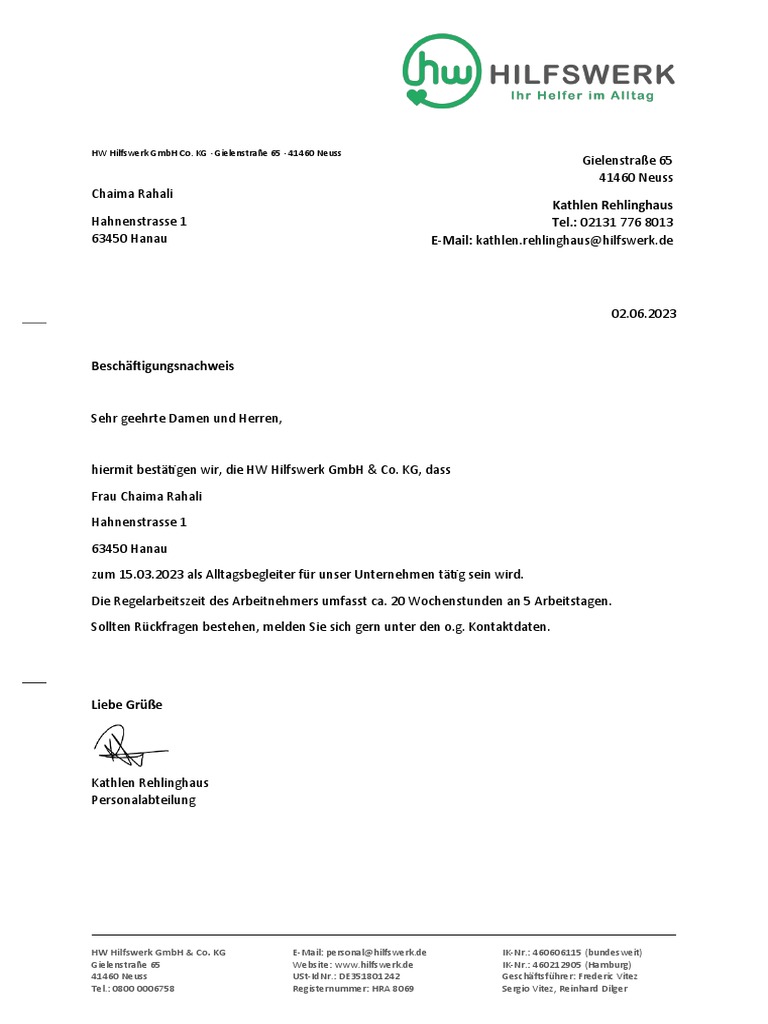 BeschÃ Ftigungsnachweis Chaima Rahali | PDF