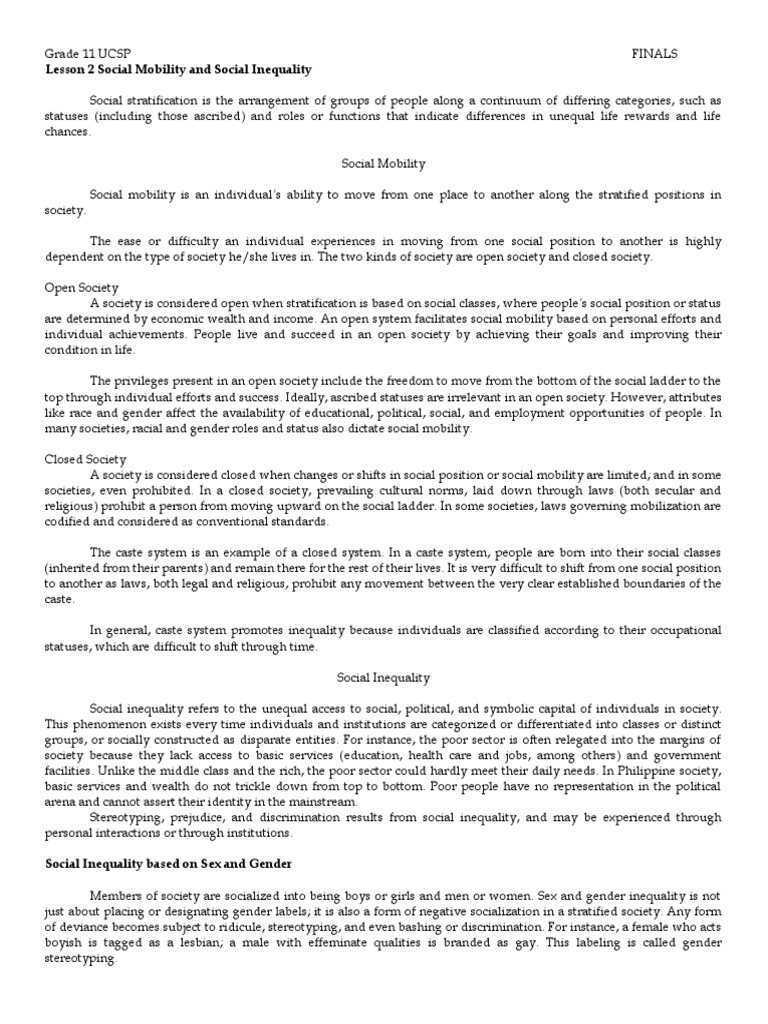 Lesson 2 NOTES Social Mobility and Social Inequality | PDF | Social ...