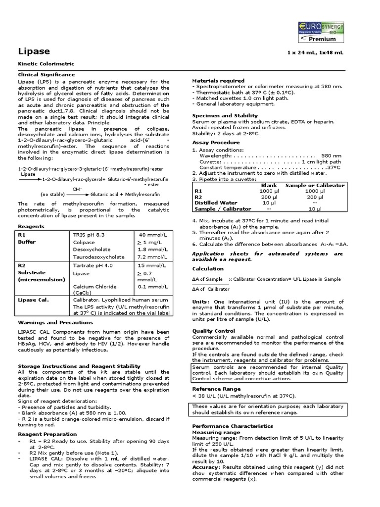 Lipase Spinreact 1x24 mL,1X48 ml | PDF | Hydrolysis | Mole (Unit)