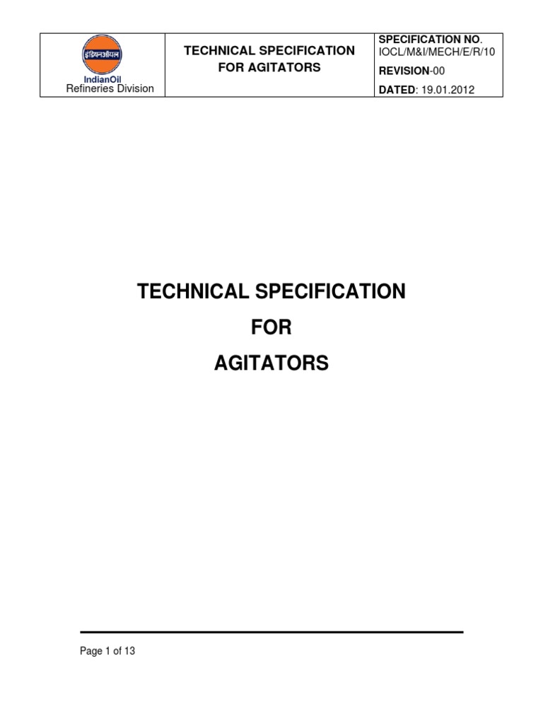 Technical Specification For Agitators | PDF | Specification (Technical Standard) | Bearing ...