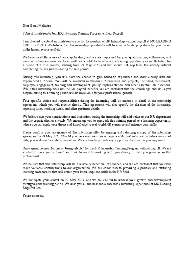 Internship Invitation | PDF | Internship | Job Hunting