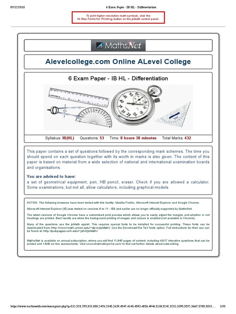 6 Exam Paper - IB HL - Differentiation | PDF | Tangent | Equations