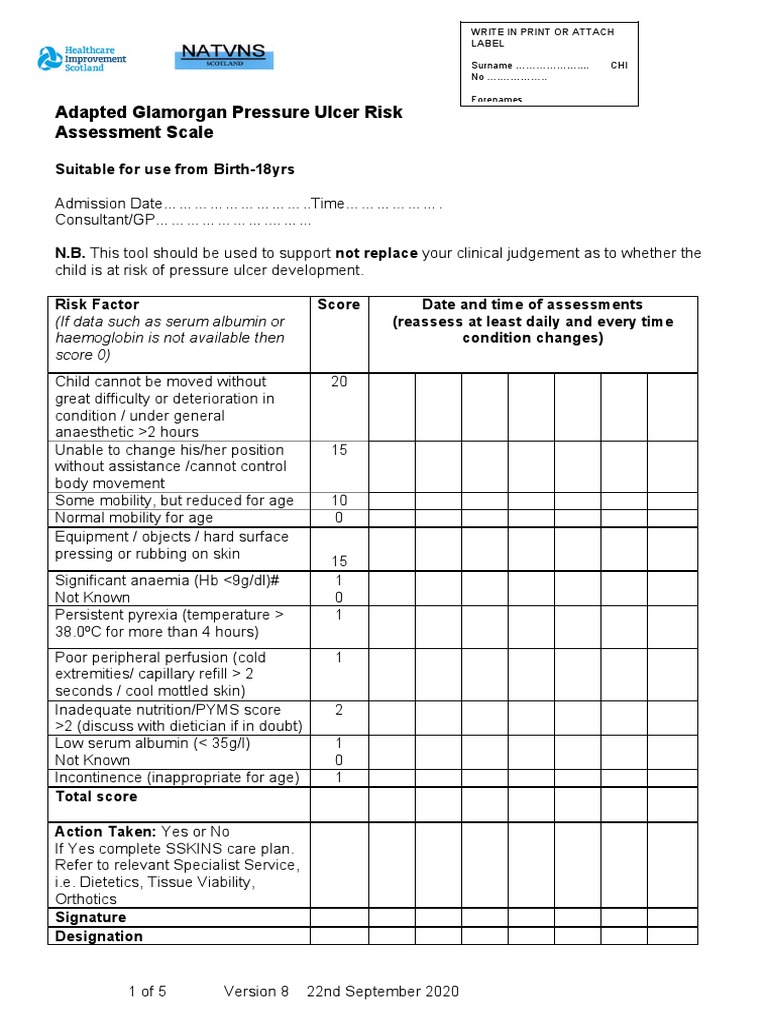 Glamorgan Pressure Ulcer Risk Scale | PDF | Medicine | Causes Of Death