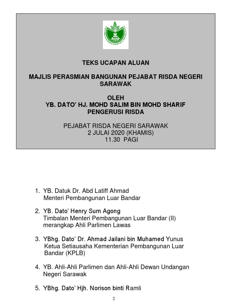 Teks Ucapan Aluan Majlis Perasmian Bangunan Pejabat Risda Negeri ...