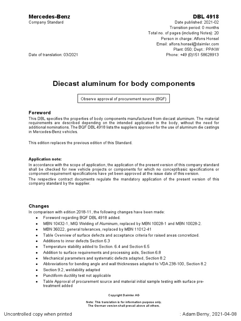 Diecast Aluminum For Body Components: Mercedes-Benz DBL 4918 | PDF