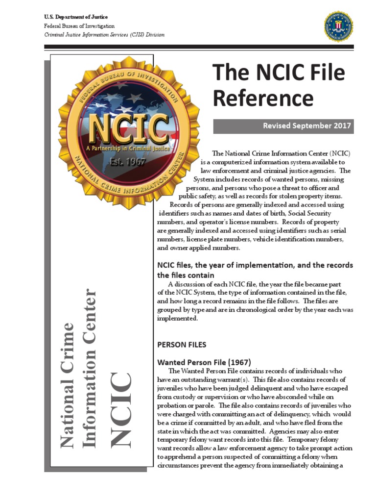 NCIC File Reference Card | PDF | National Instant Criminal Background ...