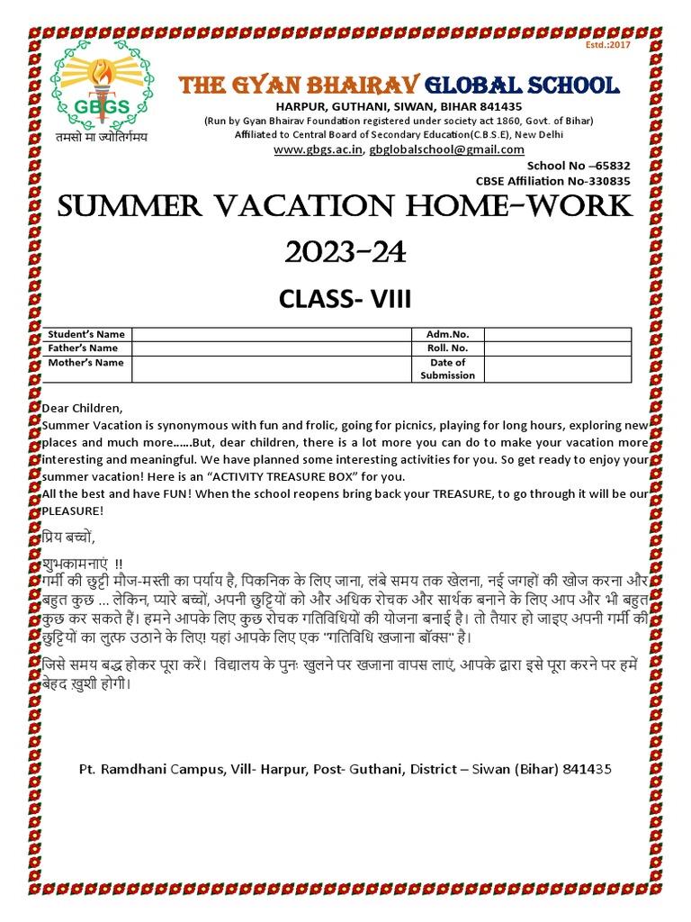 Summer Vacation Home-Work 2023-24: Class-Viii | PDF | Geometry