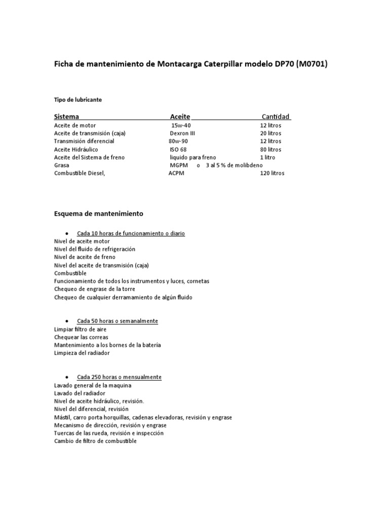 Ficha de Mantenimiento de Montacarga Caterpillar Modelo DP70 | PDF