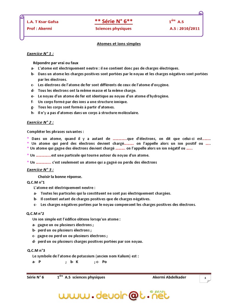 Série D'exercices N°6 - Physique Atomes Et Ions Simples - 1ère AS (2010-2011) MR Rayen | PDF