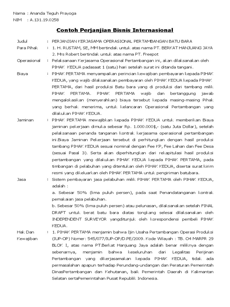 Contoh Perjanjian Bisnis Internasional | PDF