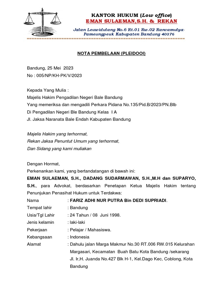 Surat Pembelaan (Pledoi) Ok 2 | PDF Surat Pembelaan (Pledoi) Ok 2 | PDF