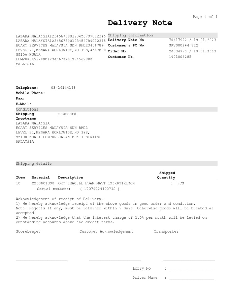 Consignment Note in Malay | PDF