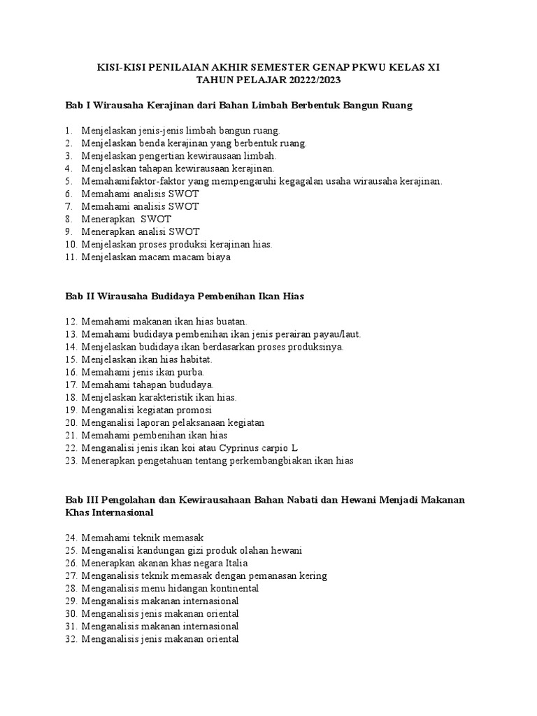 Kisi Kisi Pas Pkwu Xi Genap 2023 | PDF