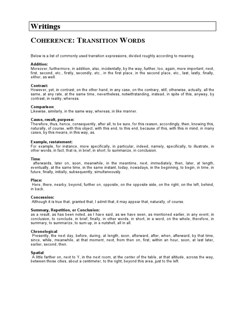 Writing (Transition Words and Types of Tasks) | PDF | Intention | Paragraph