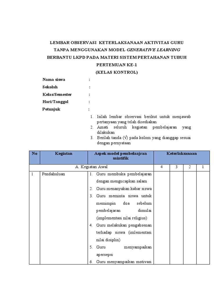 LEMBAR OBSERVASI GURU Kelas Kontrol | PDF | Karier & Perkembangan | Pengembangan Diri