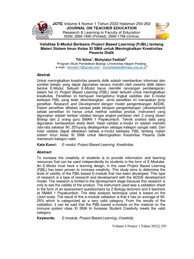 Validitas E-Modul Berbasis Project Based Learning (PJBL) Tentang | PDF ...