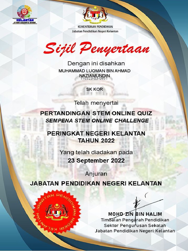 Sijil Penyertaan Stem Online Quiz | PDF