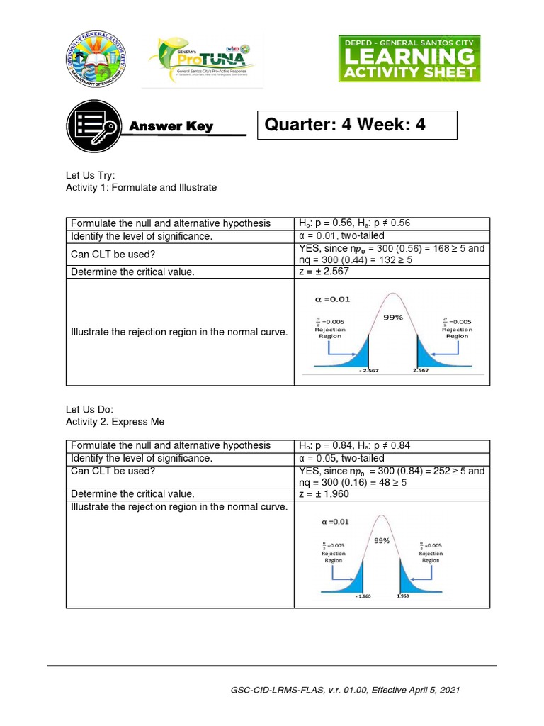 Stat and Prob11 Q4 Week 4 SSLM AnswerKey | PDF