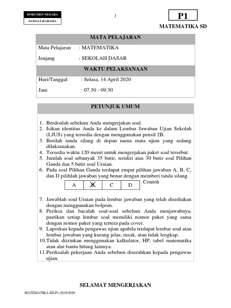 1 Master Soal Mat SD 2020 Paket 1 | PDF