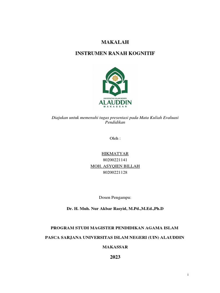 Makalah Kelompok Instrumen Penilaian Kognitif - 042341 | PDF Makalah Kelompok Instrumen Penilaian Kognitif - 042341 | PDF