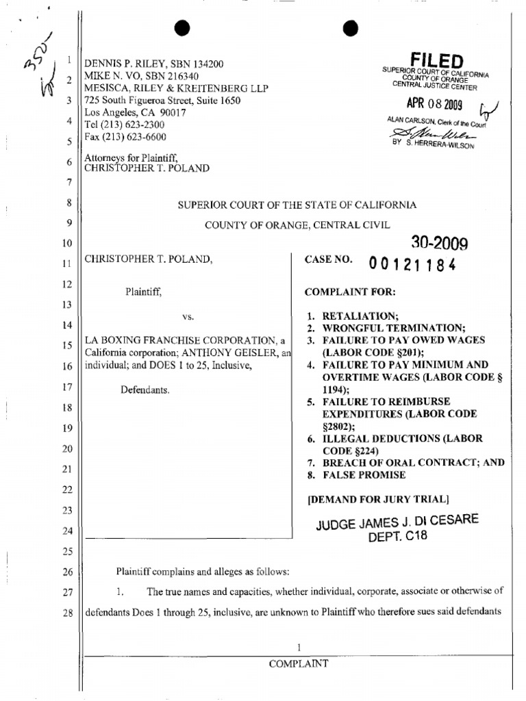 Chris Poland v. LA Boxing Franchise & Geisler, Anthony - Wrongful ... Chris Poland v. LA Boxing Franchise & Geisler, Anthony - Wrongful ...