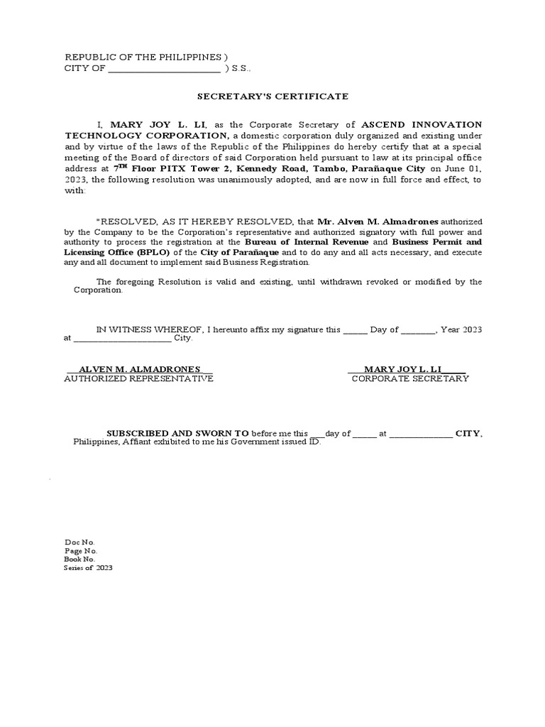 Secretary Certificate Sample | PDF