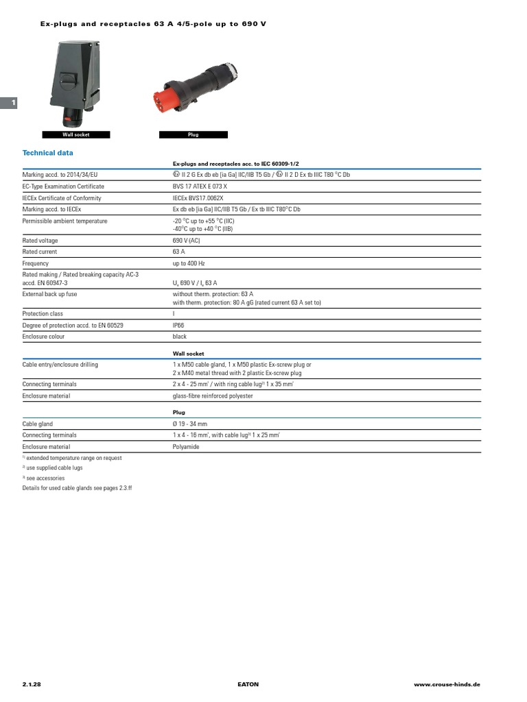 Technical Data: Ex-Plugs and Receptacles 63 A 4/5-Pole Up To 690 V | PDF | Ac Power Plugs And ...
