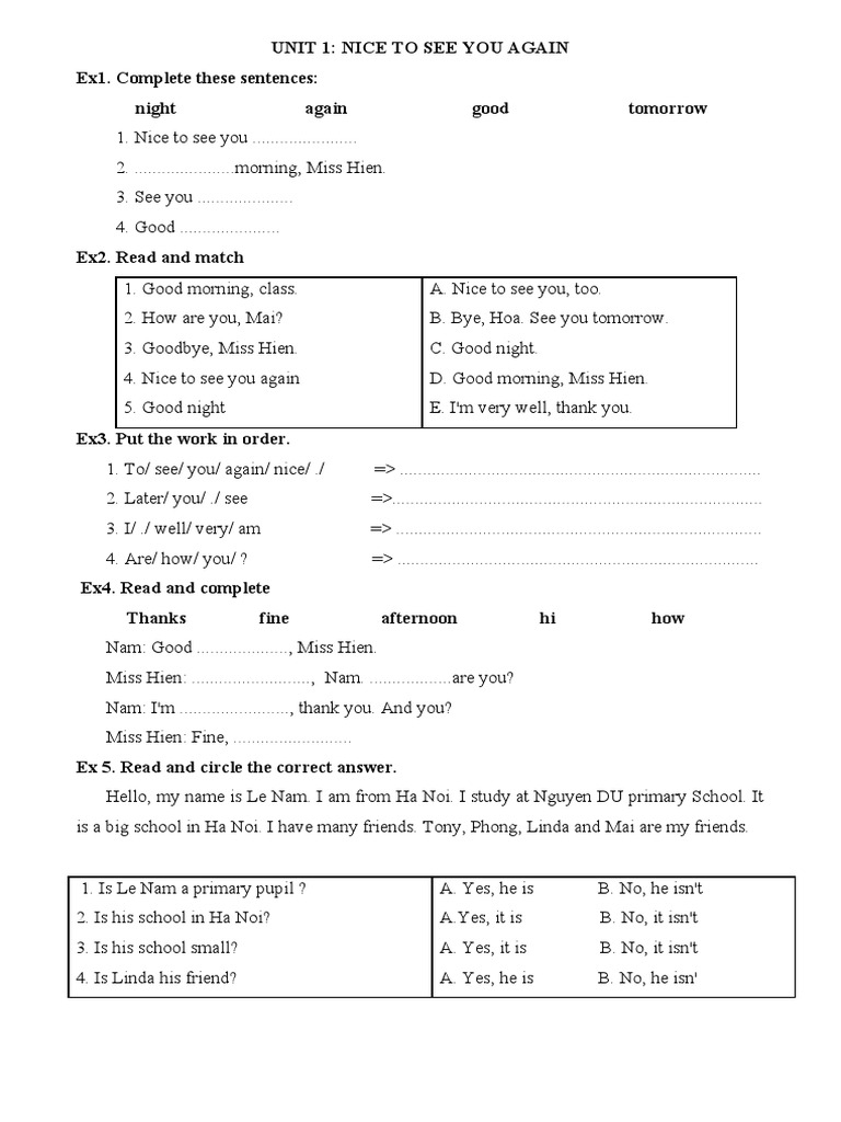 BT Tieng Anh Lop 4 Unit 1 | PDF | Vietnam