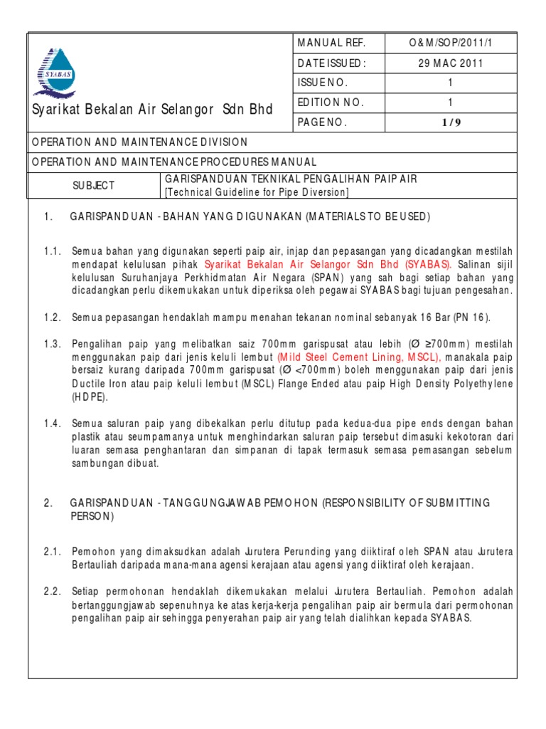 Syabas Guideline On Pipe Diversion | PDF