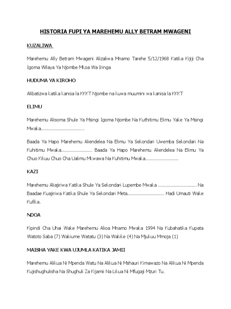 Historia Fupi Ya Marehemu Ally Betram Mwageni | PDF
