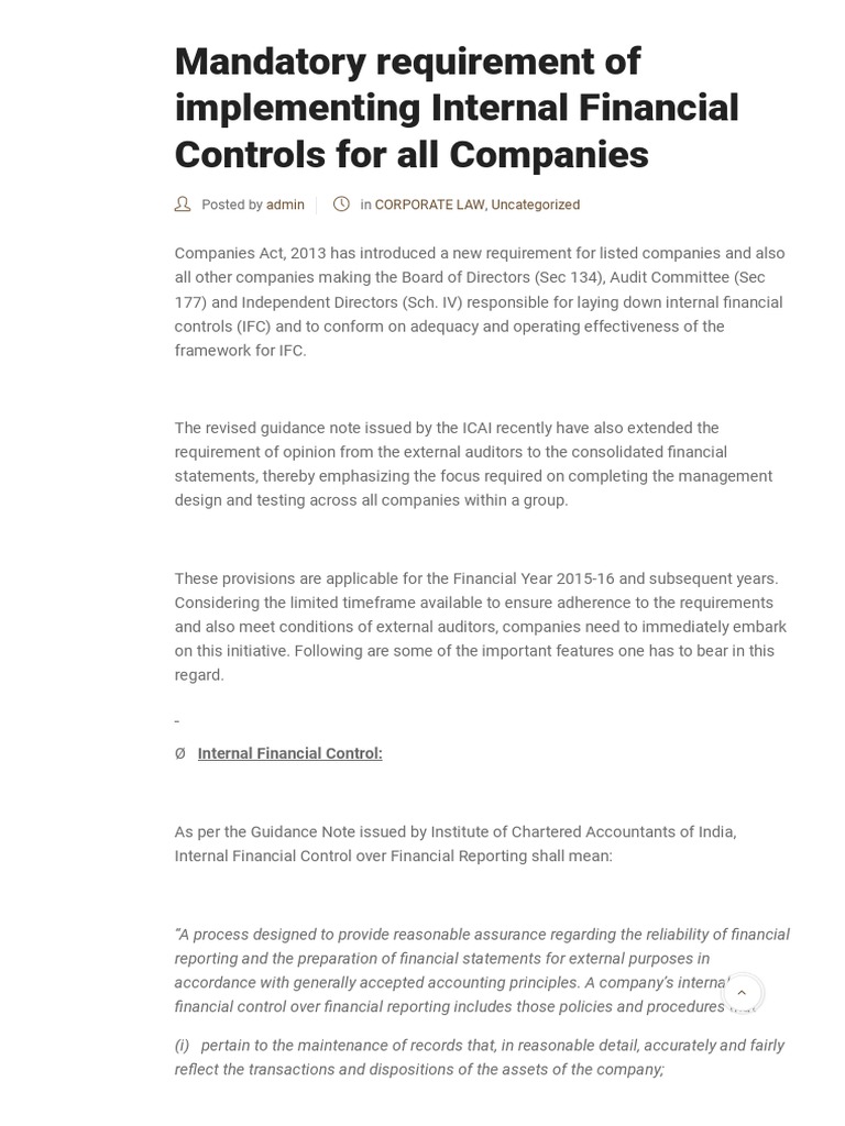 Mandatory Requirement of Implementing Internal Financial Controls For All Companies - Vishnu ...