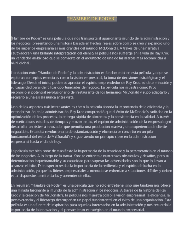 Resumen de "Hambre de Poder" | PDF | Mc Donald's | Liderazgo