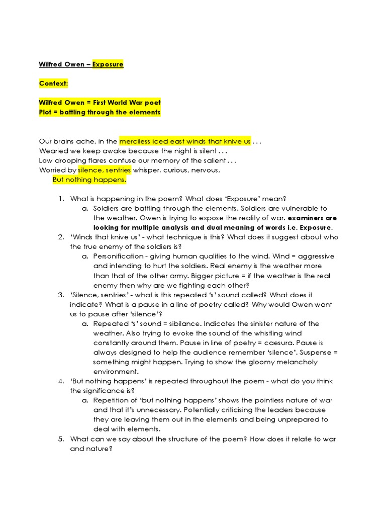 Wilfred Owen Exposure | PDF | Poetry | Poetic Devices
