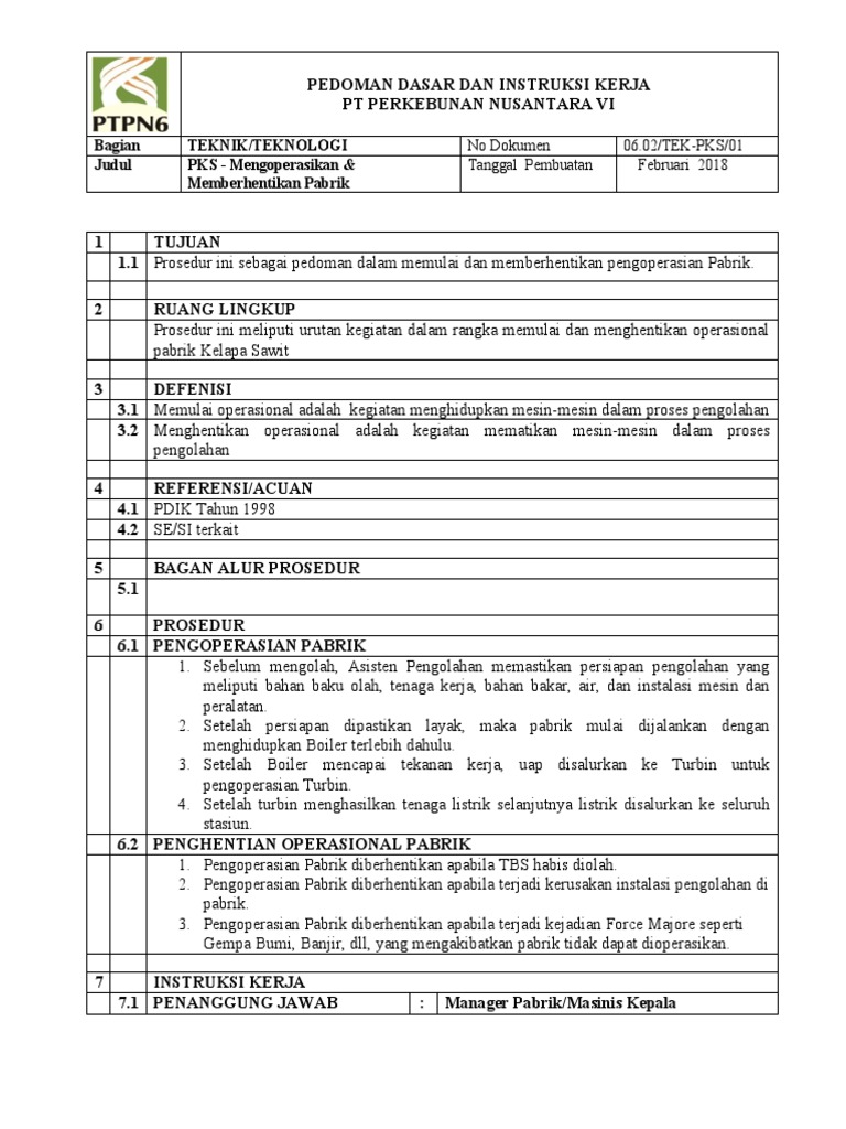 Prosedur Operasional Pabrik Kelapa Sawit | PDF