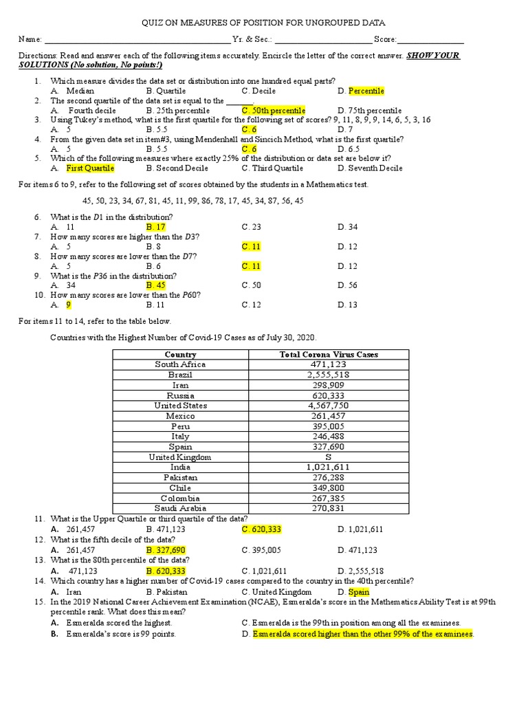 Quiz On Measures of Position For Ungrouped Data | PDF